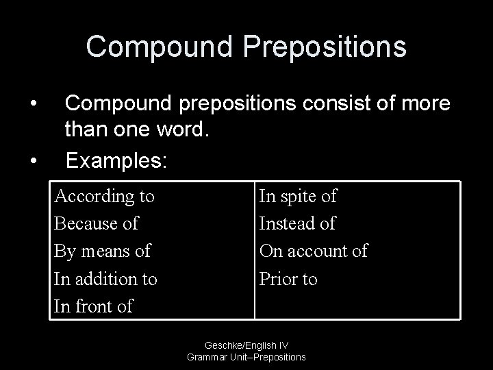Prepositions GeschkeEnglish IV Grammar UnitPrepositions Prepositions A ...