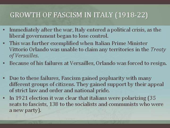POST WW 1 GROWTH OF FASCISM Italy 1870