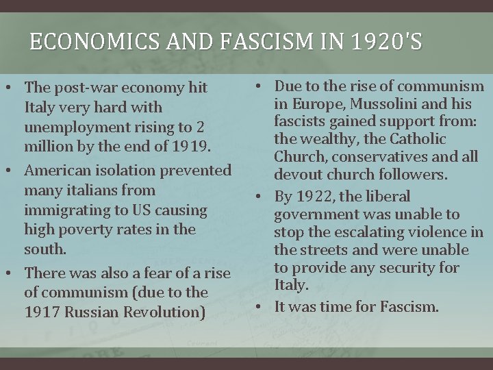 POST WW 1 GROWTH OF FASCISM Italy 1870