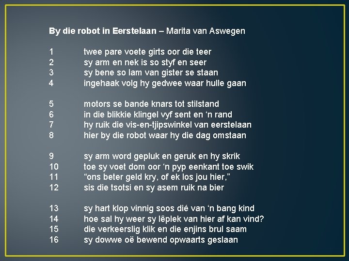 By die robot in Eerstelaan Marita van Aswegen