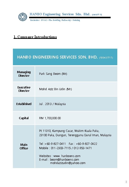 Company Profile HANBO Engineering Services Sdn Bhd Office