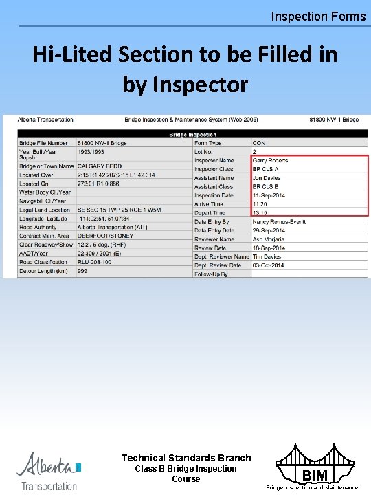 Inspection Forms BIM INSPECTION FORMS Technical Standards Branch