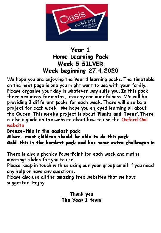 Year 1 Home Learning Pack Week 5 SILVER