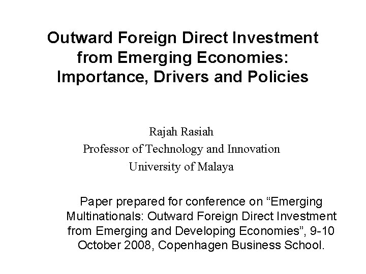 Outward Foreign Direct Investment from Emerging Economies Importance
