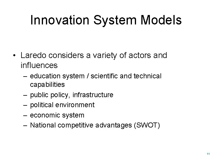 Characteristics of a National Innovation System Presented to