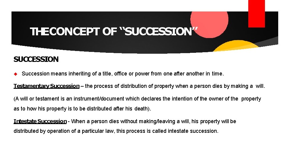 THECONCEPT OF SUCCESSION SUCCESSION Succession means inheriting of