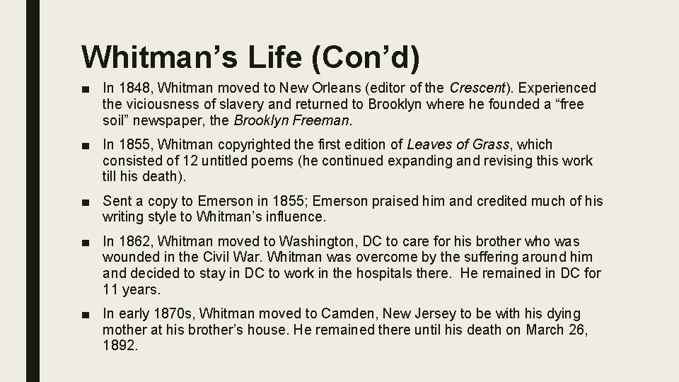 WALT WHITMAN Brilliant Maverick I Introduction May 31