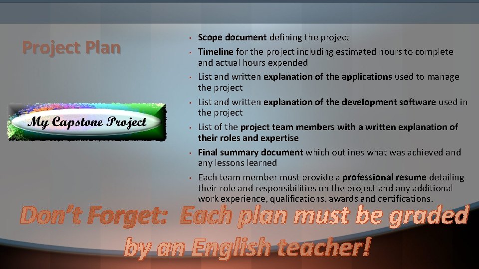 Capstone Project Classroom Presentations are NEXT Week See