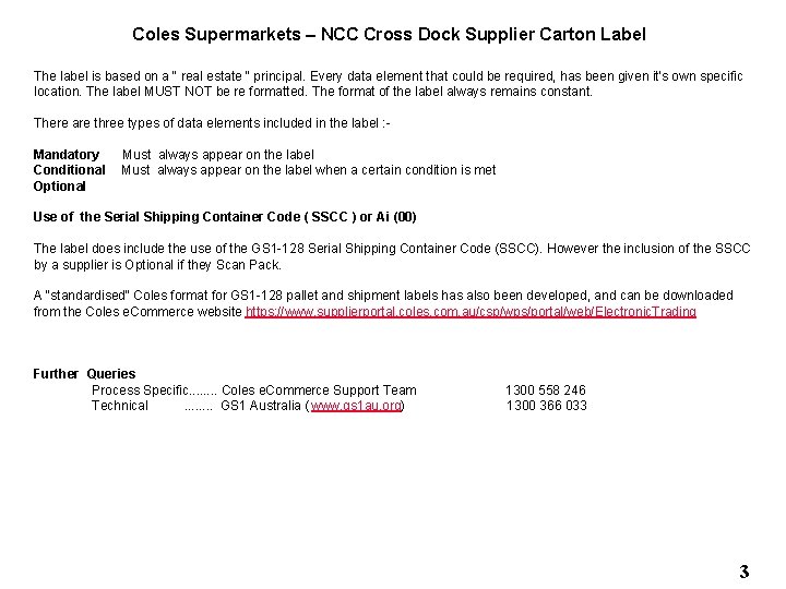 Coles Supermarkets NCC CROSS DOCK SUPPLIER CARTON LABEL
