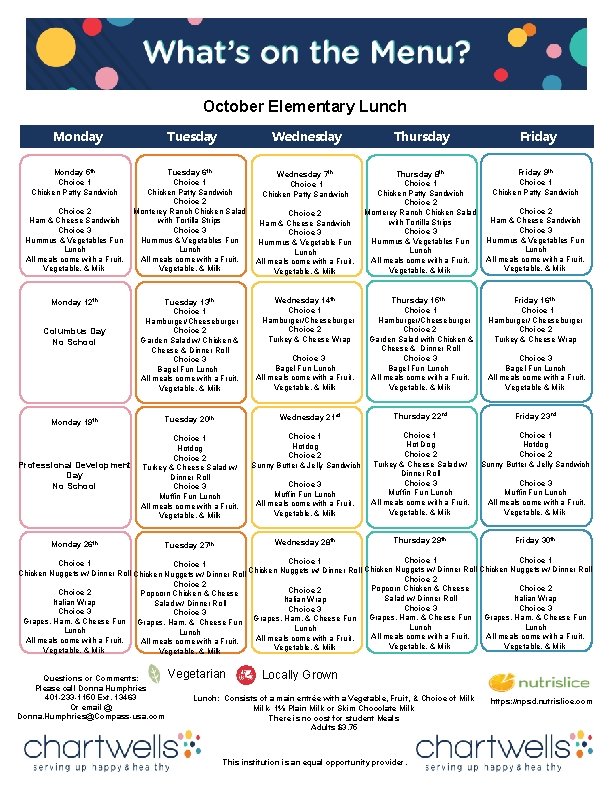 October Elementary Lunch Monday Tuesday Wednesday Thursday Friday