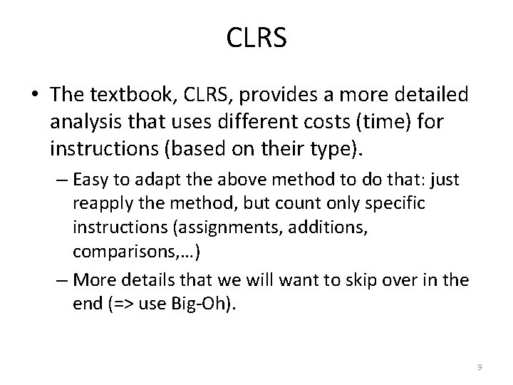 Summary Simple runtime problems Counting instructions Detailed Terminology