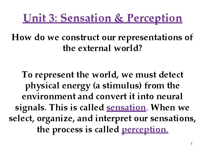 Unit 3 Sensation Perception How do we construct