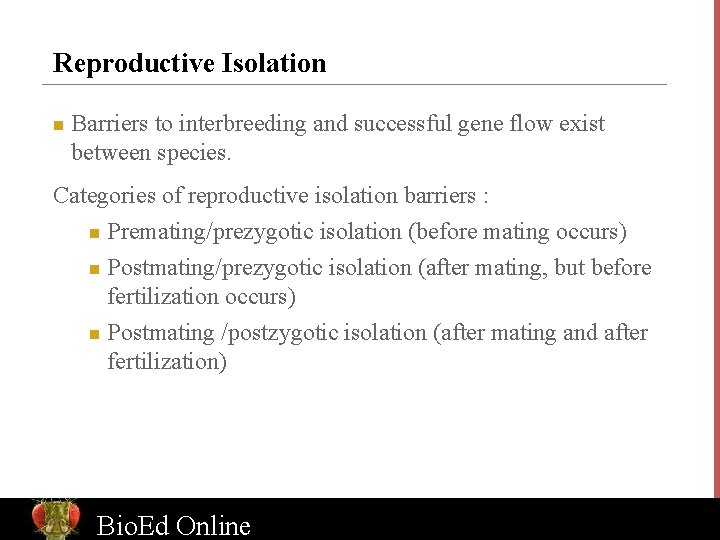 Biological Evolution Species Concepts and Reproductive Isolating Barriers