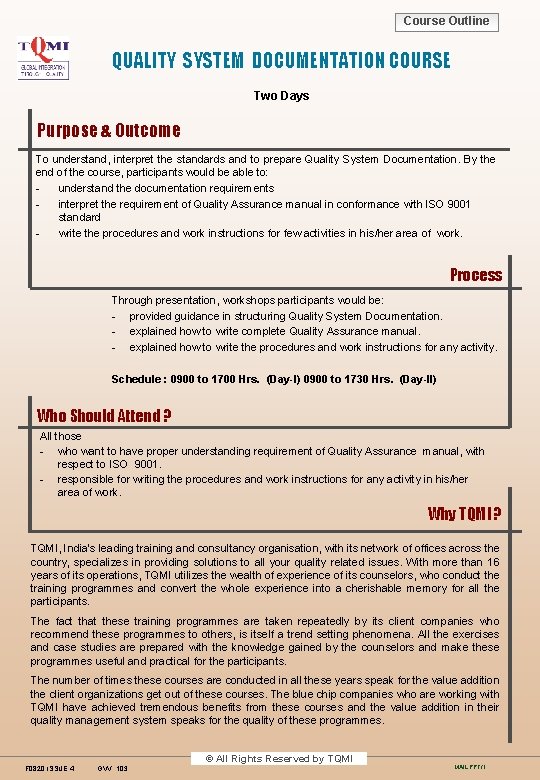 Course Outline QUALITY SYSTEM DOCUMENTATION COURSE Two Days