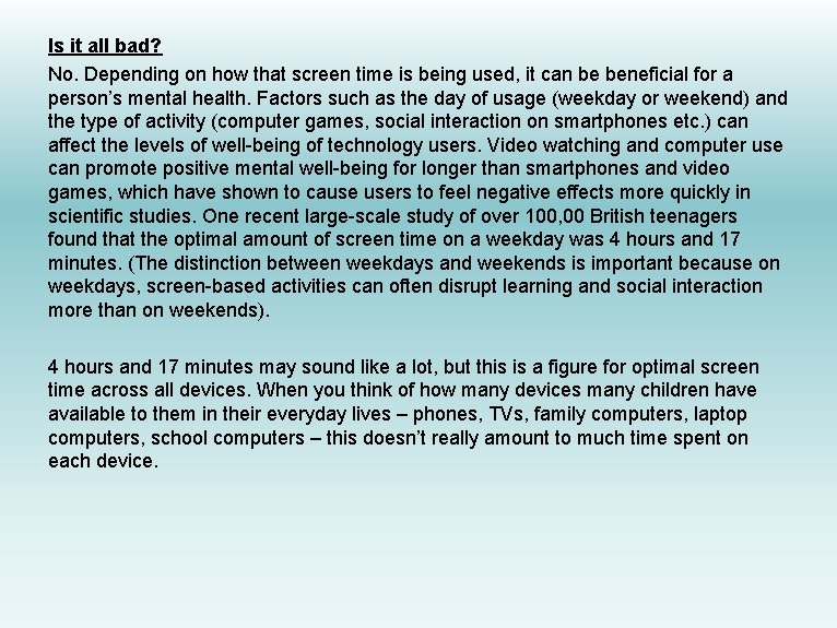 Year 9 PSHE lesson 2 Screen time How