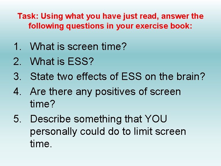 Year 9 PSHE lesson 2 Screen time How