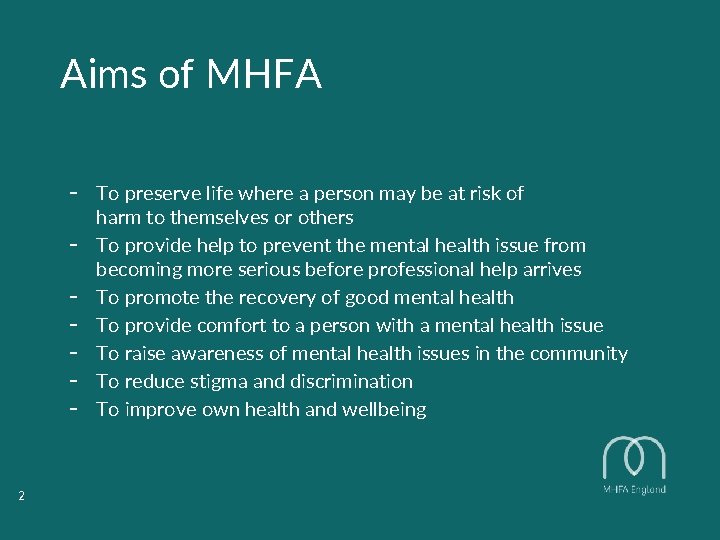 Mental Health First Aid MHFA England 2016 MHFA