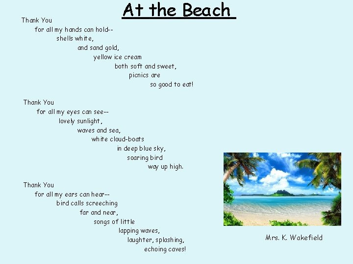 Poetry using the senses At the Beach Thank