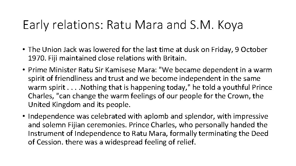 Early relations Ratu Mara and S M Koya