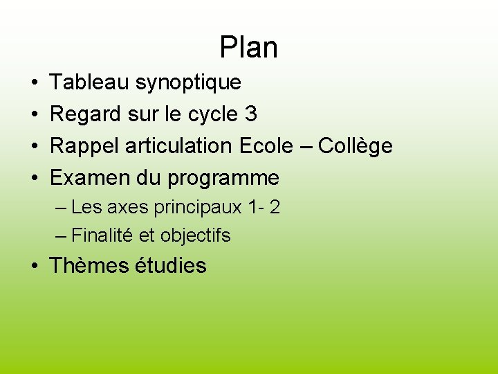 Plan Tableau synoptique Regard sur le cycle 3