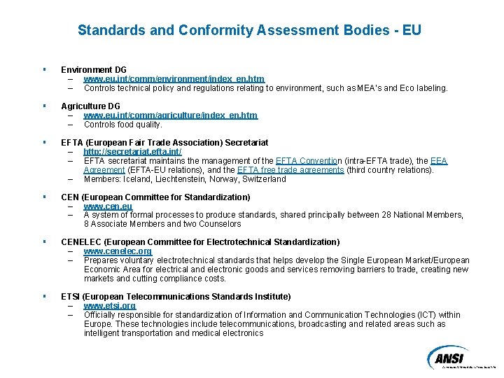 Standards and Conformity Assessment Bodies EU IEC JTC
