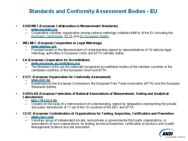Standards and Conformity Assessment Bodies EU IEC JTC