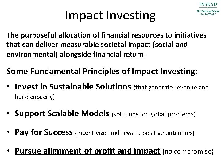 Impact Investing Core Concepts and Framework for Analysis