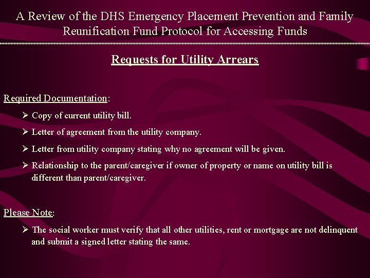 DHS Emergency Placement Prevention and Family Reunification Fund