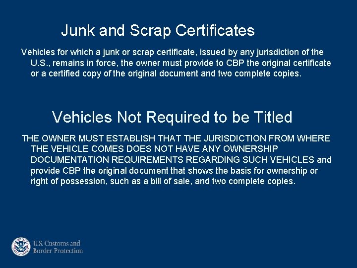 Used Vehicle Exports 19 CFR 192 Definitions Certified