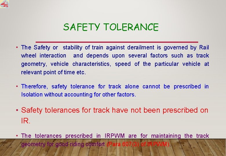 TRACK TOLERENCES Master Copy for IRTMTC by IRICEN