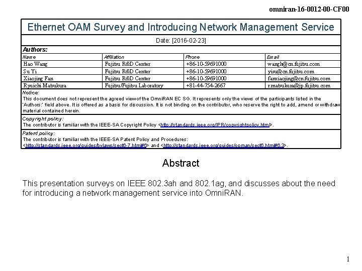 omniran16 0012 00 CF 00 Ethernet OAM Survey