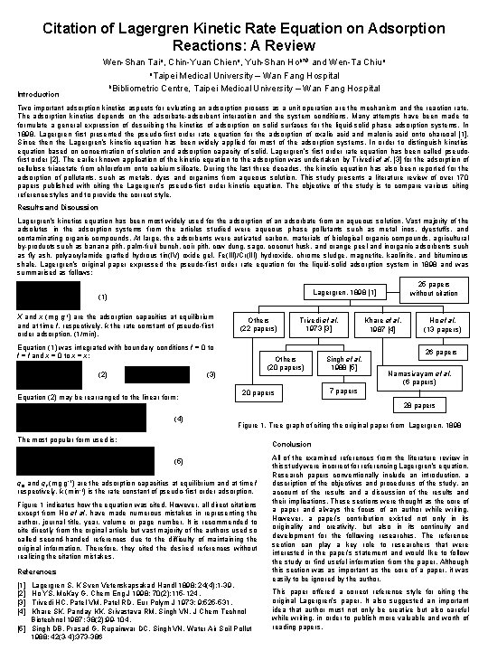 Citation of Lagergren Kinetic Rate Equation on Adsorption