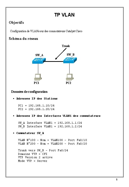 TP VLAN Objectifs Configuration de VLANs sur des