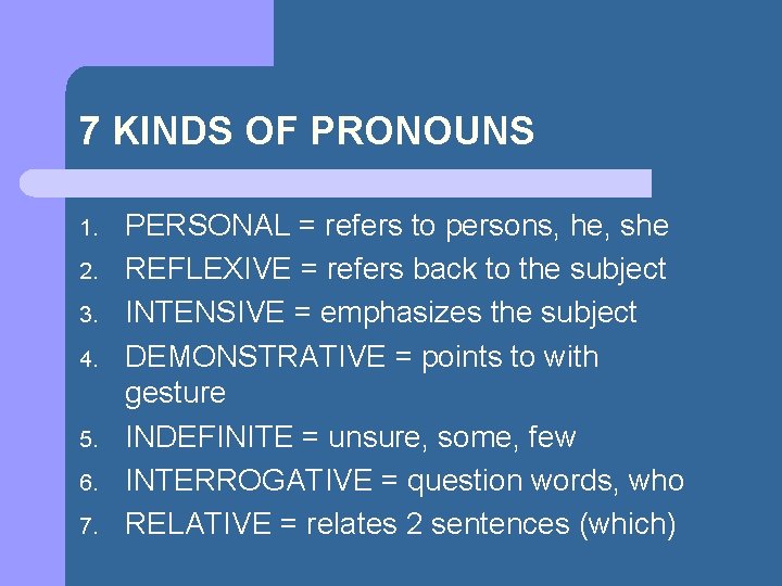 7 Types of PRONOUNS 7 KINDS OF PRONOUNS