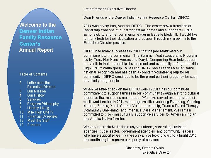2014 Annual Report Letter from the Executive Director