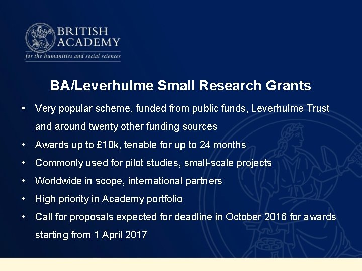 The British Academy Research Funding Ken Emond Head