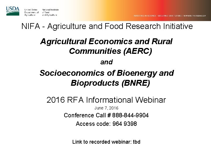 NIFA Agriculture and Food Research Initiative Agricultural Economics