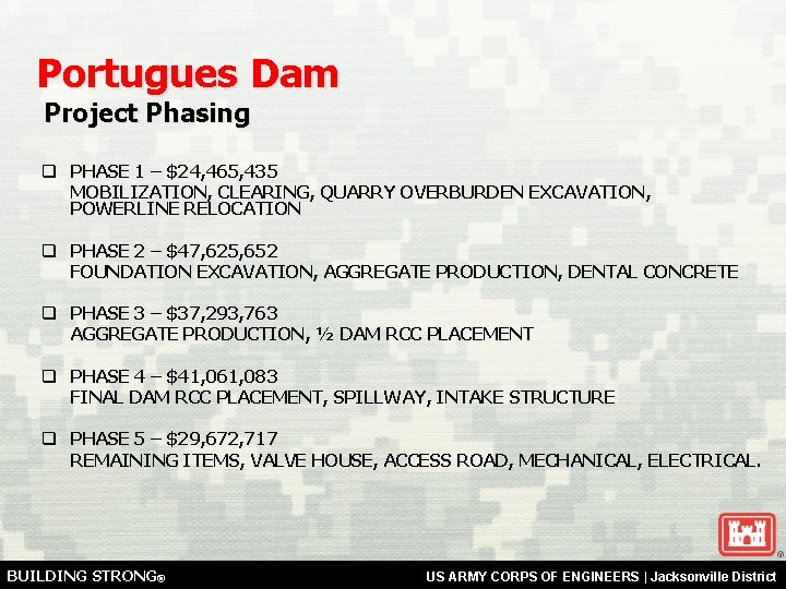 Portugus Dam COASTAL DAMAGE REDUCTION FLOOD DAMAGE REDUCTION