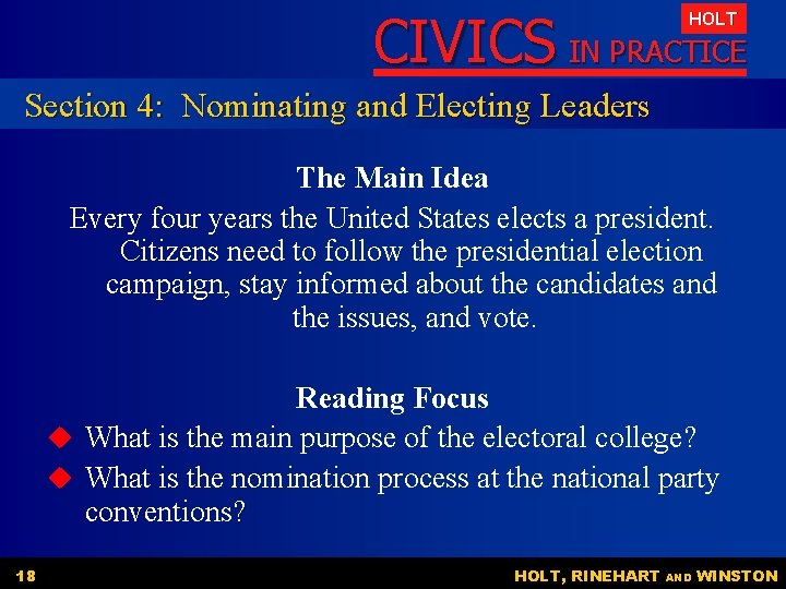 CIVICS IN PRACTICE HOLT Chapter 10 Electing Leaders