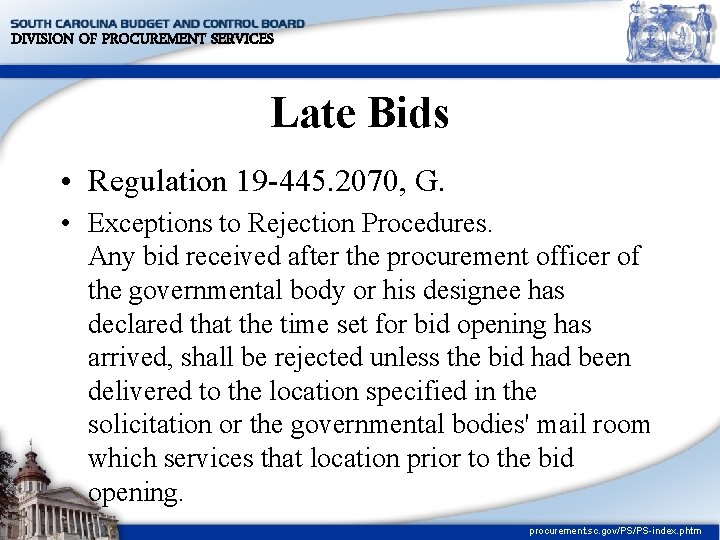 DIVISION OF PROCUREMENT SERVICES SOUTH CAROLINA BUDGET AND