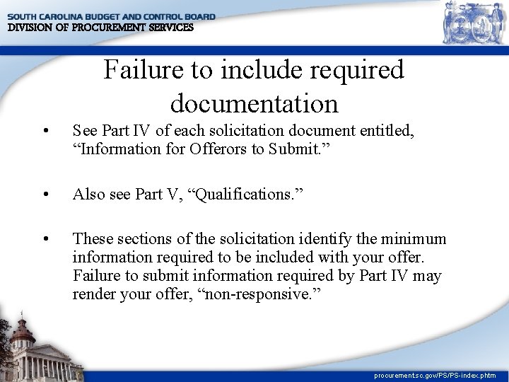 DIVISION OF PROCUREMENT SERVICES SOUTH CAROLINA BUDGET AND