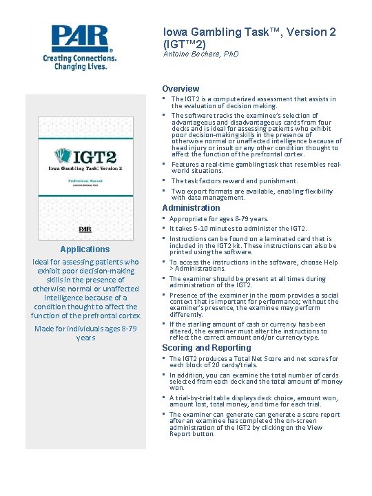 Iowa Gambling Task Version 2 IGT 2 Antoine