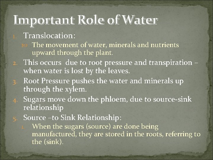 Functions of Water Environmental Factors Question What important