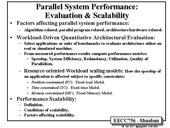 Parallel System Performance Evaluation Scalability Factors affecting parallel