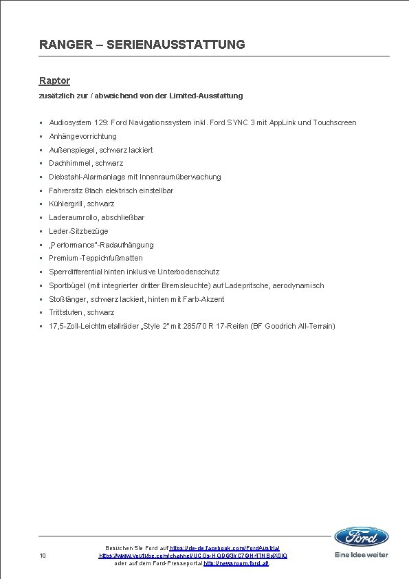 DER FORD RANGER LIEFERPROGRAMM AUSSTATTUNG TECHNISCHE DATEN RANGER
