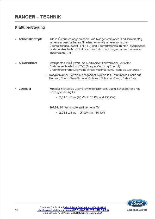 DER FORD RANGER LIEFERPROGRAMM AUSSTATTUNG TECHNISCHE DATEN RANGER