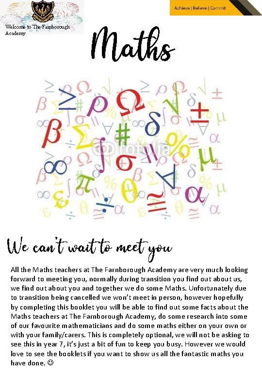 Welcome to The Farnborough Academy Maths We cant