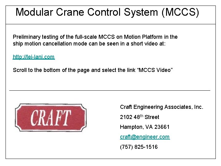Modular Crane Control System MCCS Craft Engineering Associates
