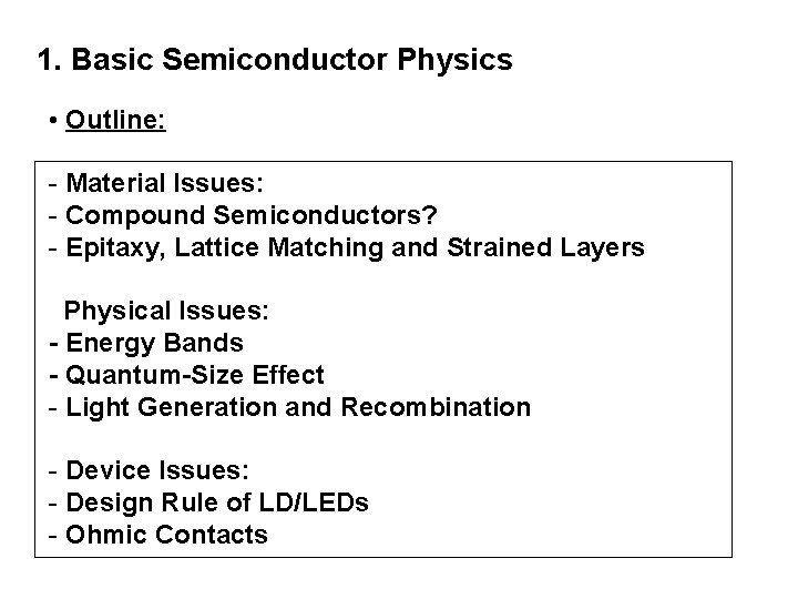 1 Basic Semiconductor Physics Outline Material Issues Compound