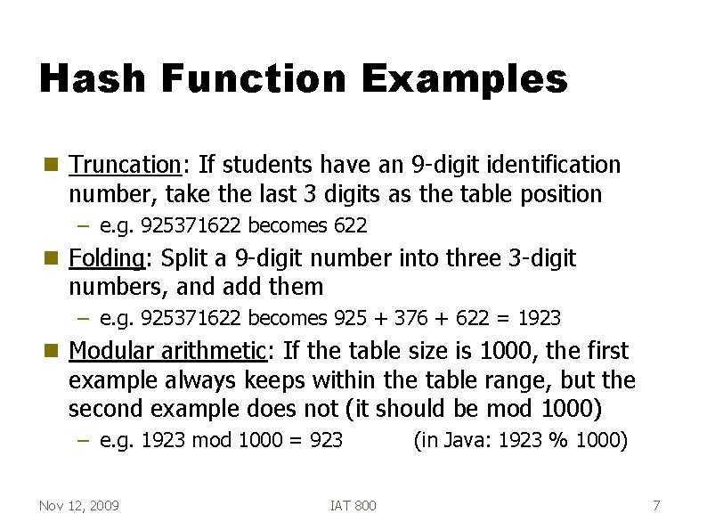 IAT 800 Hash Table Bucket Sort Nov 12